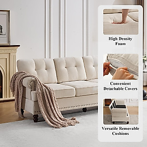 Tufted 3 Seater Sofa Couch, Rolled Arms Mid Century Modern Sofa, Home Sofa Living Room with Rivets, and Solid Wood Legs, Modern couches for Living Room, Bedroom, Guestroom, Apartment, Beige