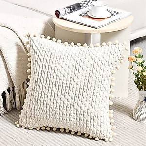 Fancy Homi Set of 2 Boho Cream Decorative Throw Pillow Covers 18x18 Inch with Pom-poms for Couch Bed Sofa, Modern Farmhouse Home Decor, Soft Plush Corduroy Cute Cushion Case 45x45 cm