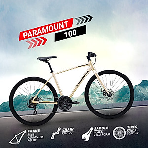 5Seconds Hybrid Bicycle Paramount 100 | Mountain Bike for Men, Women | 21-Speed, Lightweight Aluminum Alloy Frame, Adult Bike with Trigger Shifters and Mechanical Disc Brakes (Beige)
