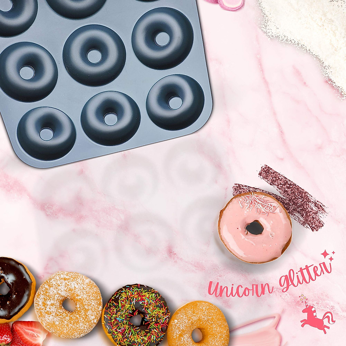 Large Non-Stick 100% LFGB Grade Silicone Donut Pan, Makes 9 Full Size Donuts, Oven, Dishwasher and Freezer Safe Donut Mold by Unicorn Glitter LLC