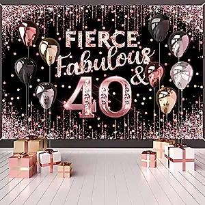 Happy 40th Birthday Backdrop Banner Fierce Fabulous and 40 Decorations for Women 40 Years Old Bday Background Rose Gold Pink Photography Party Decor Sign Supplies
