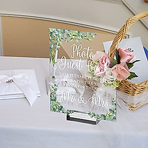 8 x 10 In Wedding Signs for Ceremony and Reception Wedding Photo Booth Sign Guest Sign in Book Clear Acrylic Wedding Sign Wedding Welcome Sign with Base Eucalyptus Leaves Guestbook Message Decoration