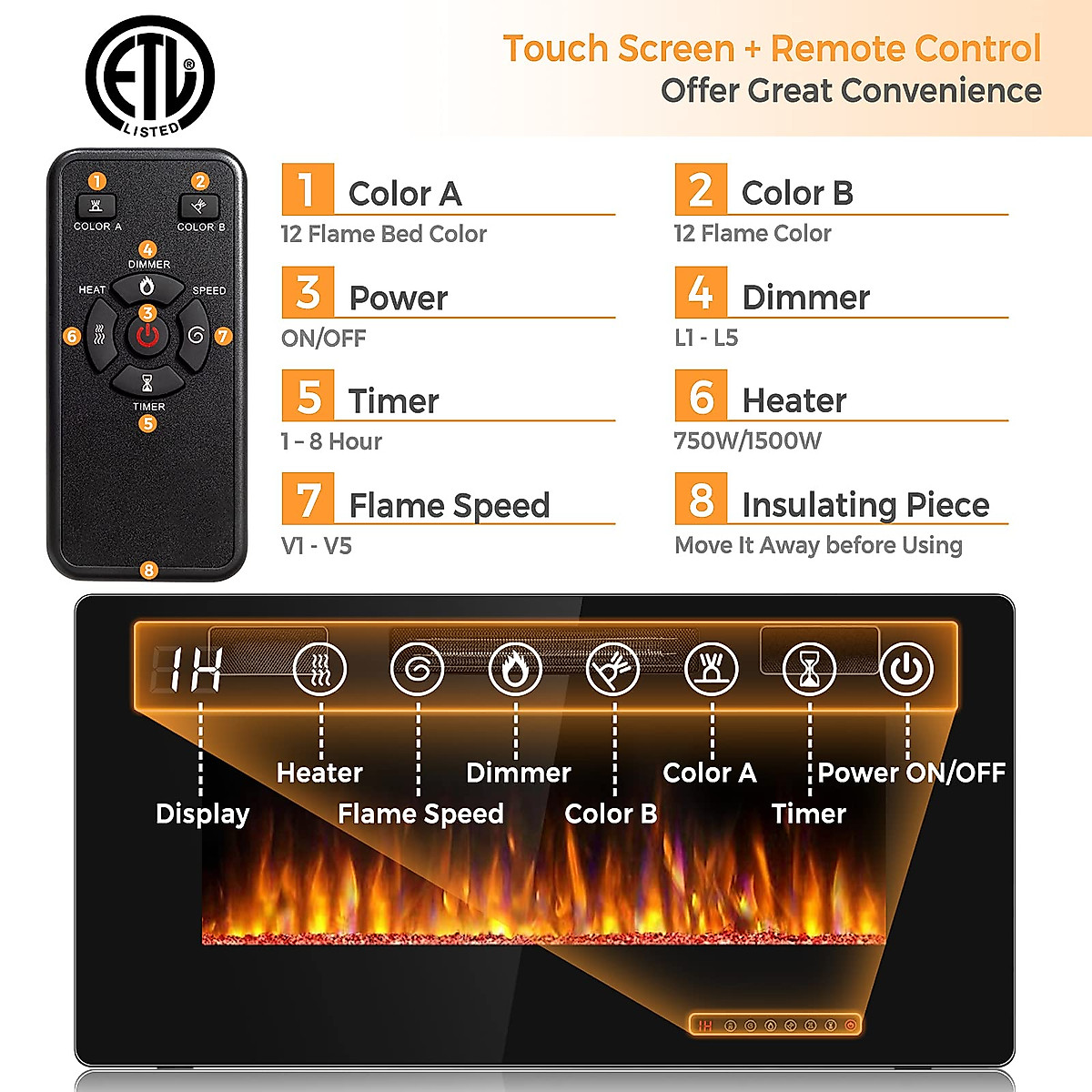 COSTWAY 36-Inch Electric Fireplace, 750W/1500W Wall Recessed and Mounted Fireplace Insert with Remote Control, 12 Flame Colors, 5 Brightness Settings, 8 H Timer, Fireplace Heater for Indoor Use