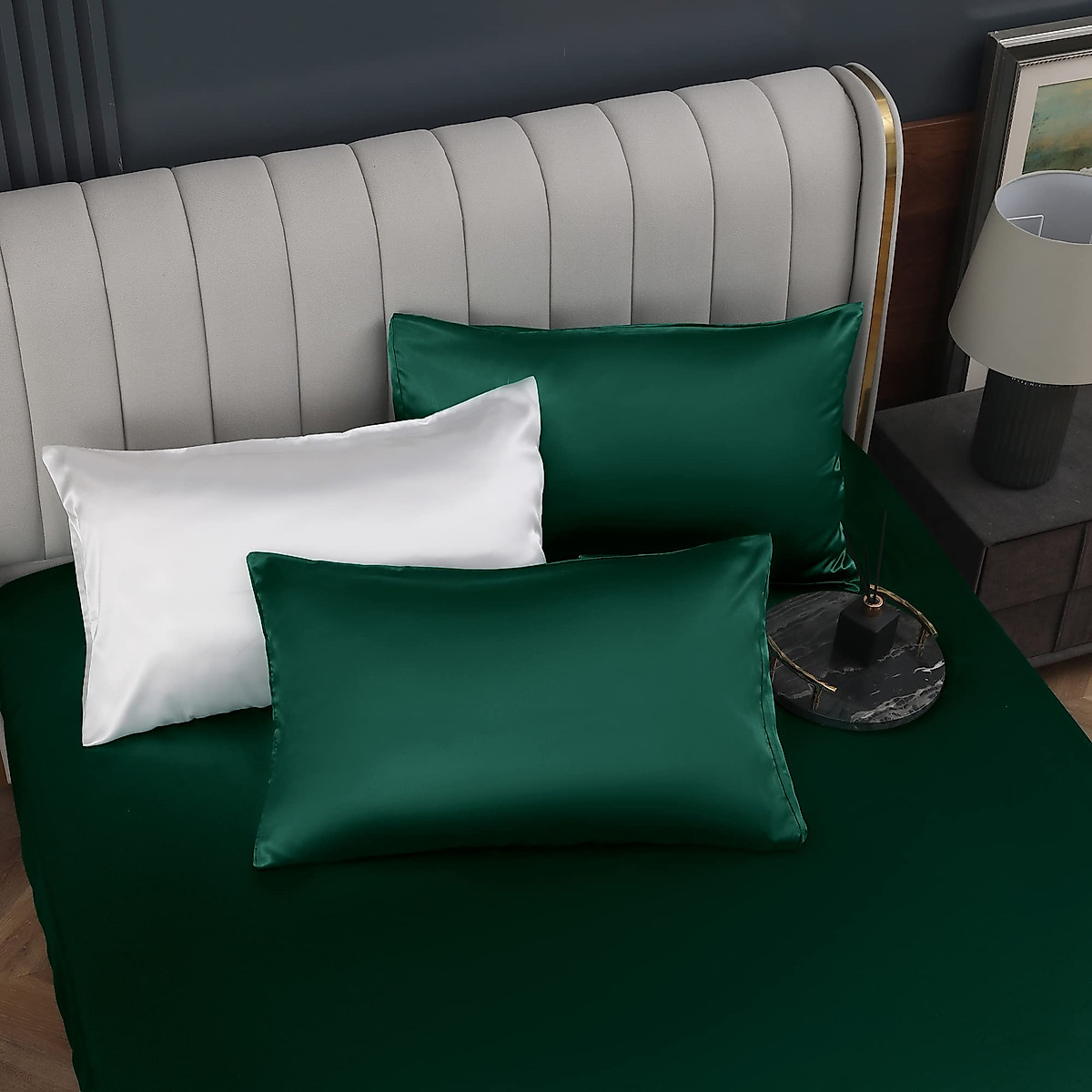 Homiest Blackish Green Satin Pillowcase for Hair and Skin, King Size Pillow Covers Luxury & Ultra Soft Pillow Cases Set of 2, Cooling Pillowcovers with Envelope Closure, Anti Wrinkle, 20 x 40 Inch