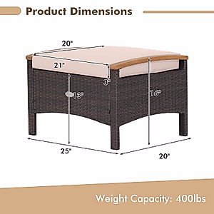 Tangkula 2 Piece Patio Rattan Ottomans, Outdoor Wicker Footstool w/Acacia Wood Handles, Soft Zippered Cushions, 3-in-1 Function Footstool Seat & Side Table for Backyard, Balcony, Poolside (Beige)