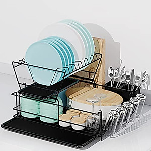 Buruis 2 Tier Dish Drying Rack with 2 Drainboard, Small Dish Rack with Cutting Board Cutlery Holder, Cup Rack, Compact Metal Dish Drainer Tray for Kitchen Counter Cabinet (Black)