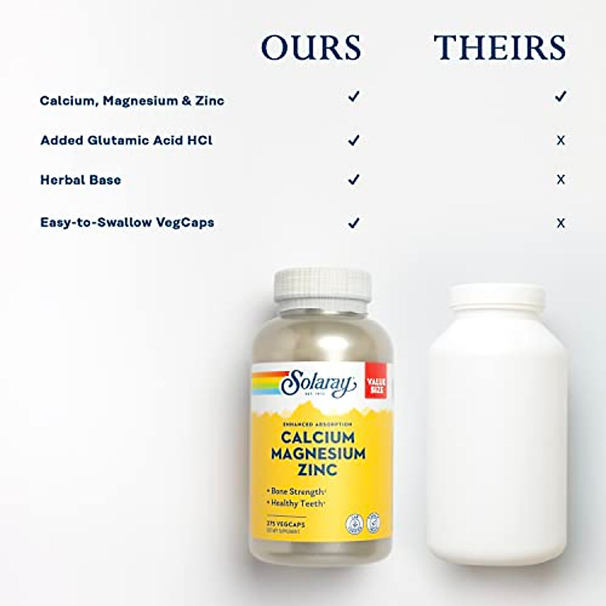 Solaray Calcium Magnesium Zinc Supplement, with Cal & Mag Citrate, Strong Bones & Teeth Support, Easy to Swallow Capsules, Vegan, 68 Servings, 275 VegCaps