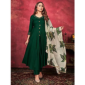 Indian Kurti for Womens With Pant & Dupatta | Rayon Foil Printed Long Kurta Partywear Kurtis For Women Tunic Tops Dark Green