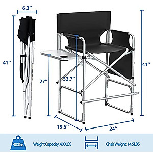 ZIXNEXKOO Tall Directors Chair, 41’’Portable Makeup Artist Chair Bar Height, Folding Directors Chair with Side Table, Cup Holder, Storage Bag and Footrest for Camping - Supports 400 lbs