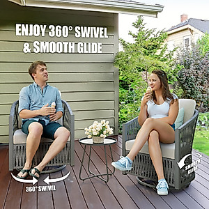 Yechen 3 Pieces Patio Bistro Set - Outdoor Swivel Bistro Table and Chairs Set of 2 with Cushion, High Back Patio Chairs Set of 2 with Metal Side Table, for Backyard Deck Porch Balcony