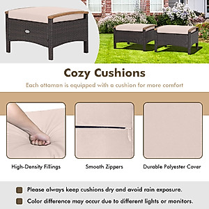 ORALNER Outdoor Ottoman, Set of 2 Rattan Footstools, All-Weather Wicker Foot Stools w/Removable Cushions, Patio Footrest Extra Seating for Porch, Poolside, Garden, Deck, Easy Assembly (Brown)