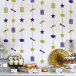 8Pcs 2023 Graduation Party Streamers Purple, Class of 2023 Hat Star Diploma Banner Garland Vertical Hanging Backdrop Background for Ceiling Classroom Home Decor