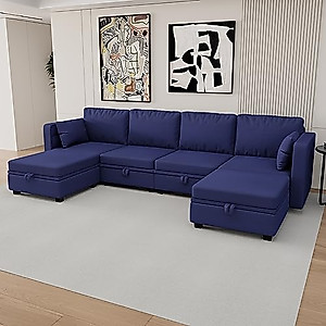 Xshelley Modular Sectional Sofa Couch with Storage Seat, U-Shaped Sectional Sofa with Lounge Chaise & Movable Ottoman, Living Room Furniture Sets (Blue)