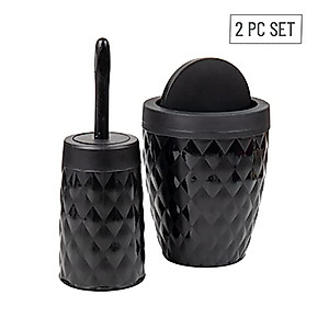Mind Reader Basket Collection, Round Wastepaper Basket with Swivel Lid and Toilet Brush Set, Bathroom, 2 Piece Set, Bin is 8.75"W x 11.25"H and the brush is 15.25" H, 8.75"L x 8.75"W x 11.25"H, Black