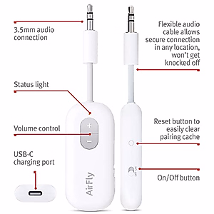 Twelve South AirFly SE, Bluetooth Wireless Audio Transmitter for AirPods/Wireless or Noise-Cancelling Headphones Use with Any 3.5 mm Audio Jack on Airplanes, Gym Equipment or iPad/Tablets