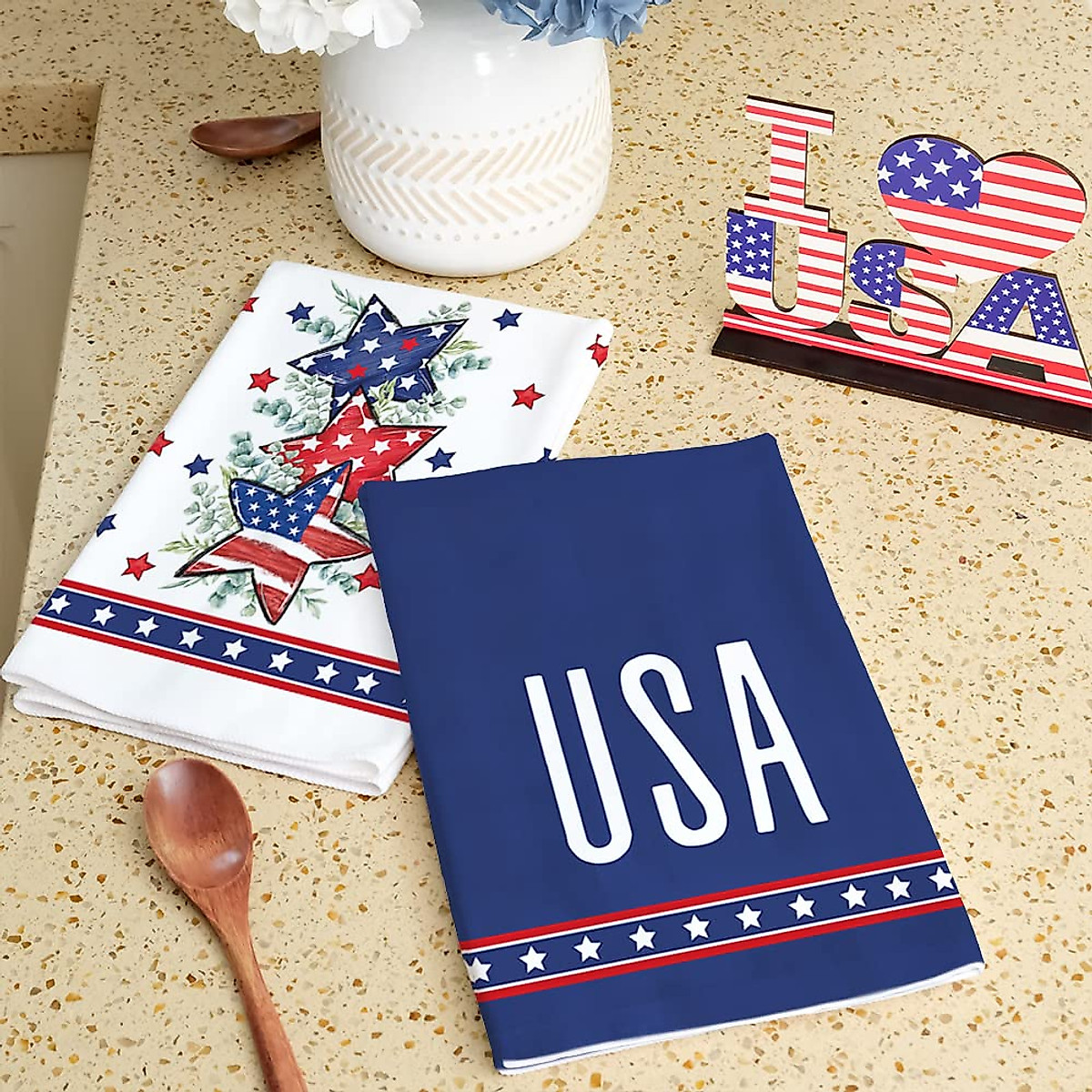 GEEORY Kitchen Towels for 4th of July Decorations Stars and Stripes USA Patriotic Dish Towels 18x26 Inch Ultra Absorbent Bar Drying Cloth Hand Towel for Kitchen Bathroom Party Home Set of 2 GD086
