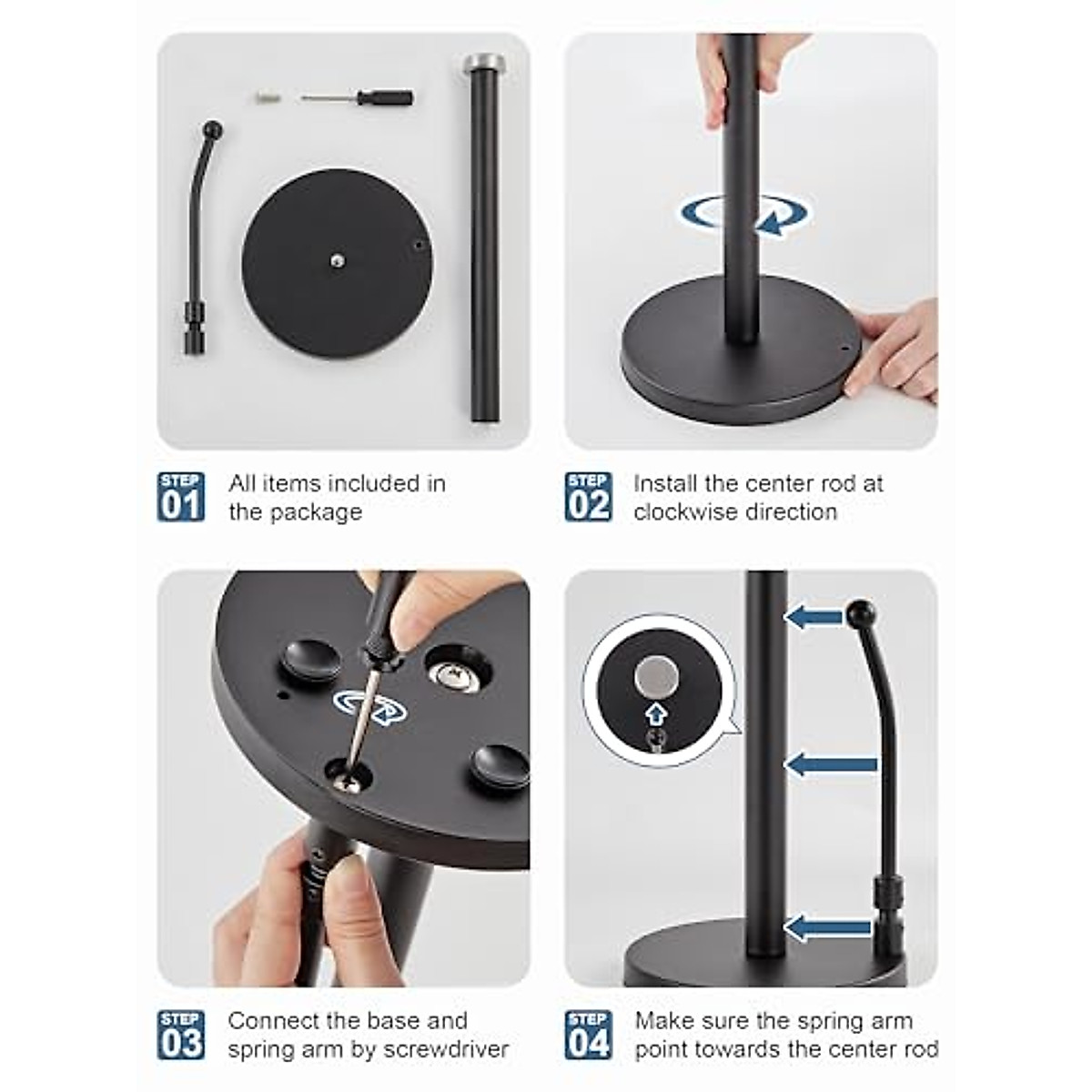 SMARTAKE Paper Towel Holder, Paper Towel Dispenser Standing Weighted Base Non Slip, Spring Arm Fit Most Size Paper Roll, Stainless Steel Paper Towel Holder for Home Kitchen Countertop Tabletop, Black