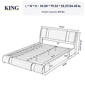 Allewie King Size Bed Frame with Iron Piece Decor, Faux Leather Upholstered Platform Bed with Curved Adjustable Headboard, Wooden Slats Support, No Box Spring Needed, Modern White