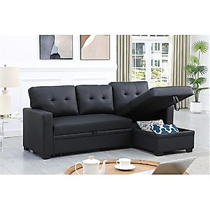 Pemberly Row Faux Leather Reversible Sleeper Sectional Sofa in Black