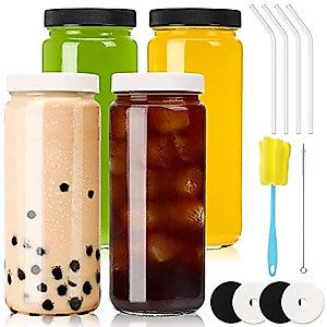 CUCUMI 4pcs 16oz Glass Juice Bottles with Lids, Reusable Juice Containers Drinking Jars Water Cups with Brush, Glass Straws, Lids with Hole