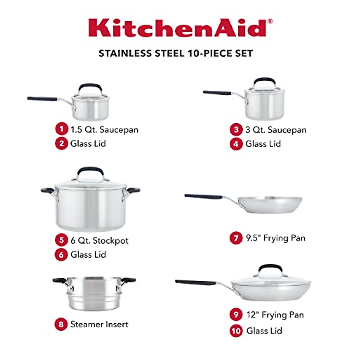 KitchenAid Stainless Steel Cookware / Pots and Pans Set, 10 Piece, Brushed Stainless Steel