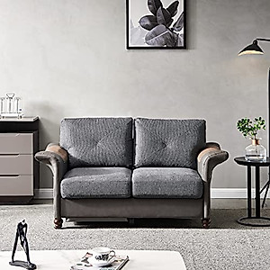 Mbolyeer Modern Upholstered Fabric Loveseat Sofa: 61.5" Mid Century 2 Seater Sofa - Linen Fabric Faux Leather Sofa Couch - Wood Legs - Small Spaces Bedroom Apartment Office Living Room,Dark Grey