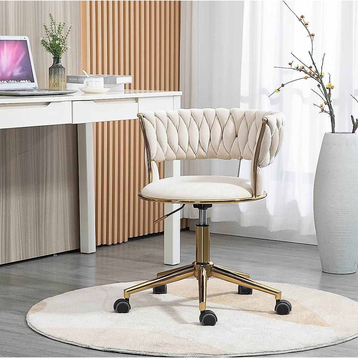 Goujxcy Velvet Swivel Chair, Velvet Desk Chair with Gold Base, Cute Makeup Vanity Chair for Women Girls, Woven Back Adjustable Armchair Task Computer Chair for Home Office Bedroom Living Room, Beige