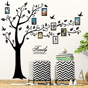 Large Family Photo Tree Wall Sticker 3D Peel and Stick Vinyl Photo Frame Tree Wall Decals Removable Quotes Leaf and Birds Wall Decor for Home Kids Bedroom Living Room Classroom Nursery (Right, Black)