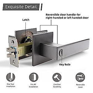TooCust Square Front Door Handle with Lock, Heavy Duty Door Lock with Key, Grey Door Levers, Front Door Lock for Exterior/Interior, Left/Right Hand Reversible, 1 Pack