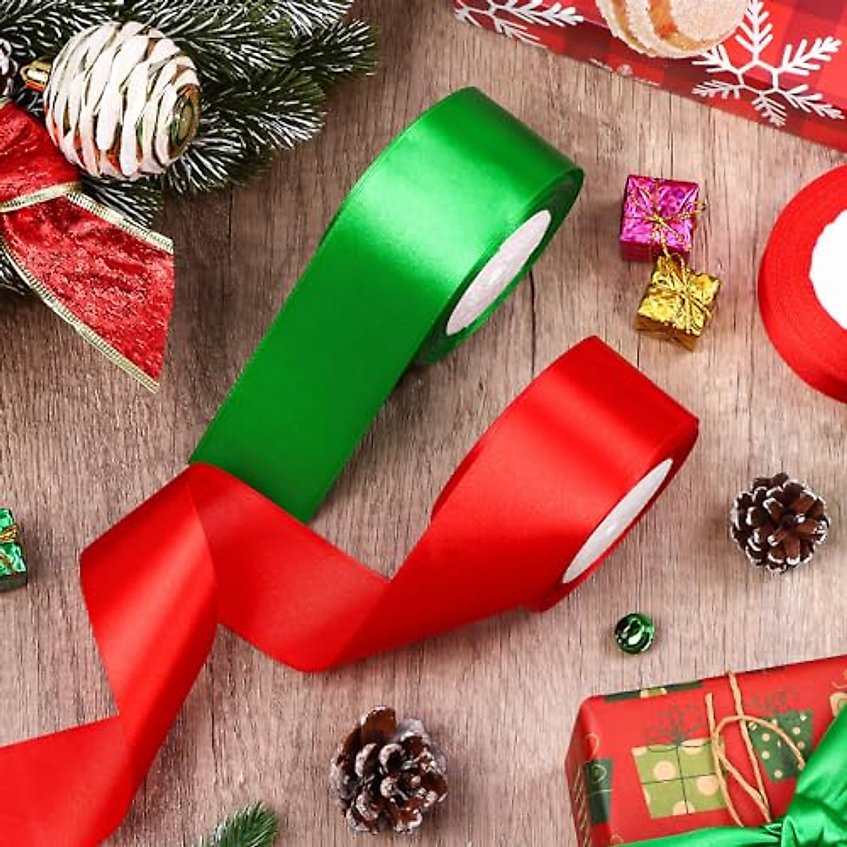 2 Rolls Christmas Ribbon 1 Inch X 50 Yards Red and Green Satin Ribbon Double Faced Polyester Holiday Ribbons for Gift Wrapping Wedding Decor