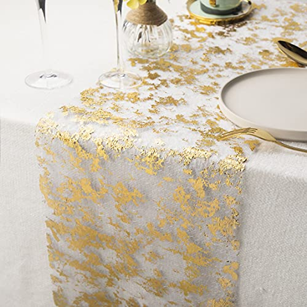 WELTRXE Gold Table Runner, Glitter Metallic Gold Thin Mesh Table Runner Roll 11 Inch x 16 Feet, Event Party Supplies Fabric Table Decorations for Wedding, Bridal Shower, Baby Shower, Birthday Party