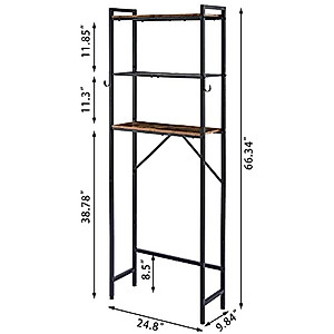Hoctieon 3-Tier Over The Toilet Storage,Multifunctional Bathroom Organizer,Wood Bathroom Shelf, Metal Freestanding Toilet Rack with Hooks,Washroom Shelves, Space Saver, Rustic Brown