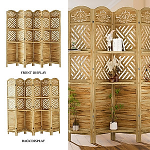 Room Divider with Shelves, 5.75ft Tall Folding Wood Carved Screen with Double Hinges for Home Office Bedroom Hotel Decoration (6 Panels, Natural)
