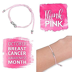 Claudia Lira Joyas Pink Breast Cancer Awareness Thread Friendship Support Bracelet, Small Handmade Sterling Silver Ribbon Shaped Charm, Adjustable Cord