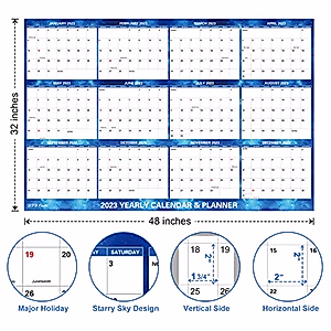 32" x 48" 2023 Wall Calendar Dry Erase - Large Blue Starry Sky Calendar Wet & Dry Erasable Laminated 12 Month Annual Yearly Planner, Reversible, Horizontal/Vertical (2023 Wall Calendar)