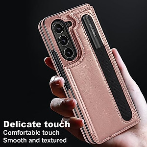 Case for Samsung Galaxy Z Fold 5, with S Pen Holder & Card Slot, Leather Flip Cover,Pink