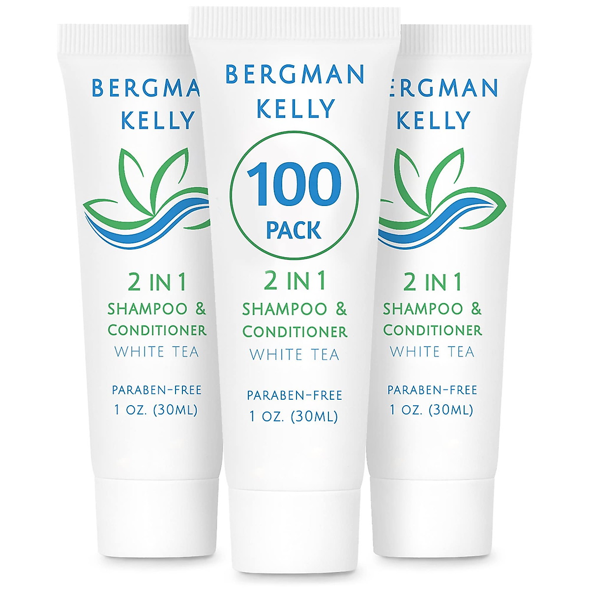 Bergman Kelly - Travel Size 2 in 1 Shampoo & Conditioner - 1 fl oz, 100 PK, White Tea - Delight Your Guests w/Revitalizing & Refreshing Shampoo Amenities, Quality Small Size Hotel Toiletries in Bulk