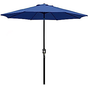 Blissun 9' Outdoor Patio Umbrella, Striped Market Umbrella with Push Button Tilt and Crank (Navy Blue)