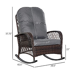 Outsunny Outdoor Wicker Rocking Chair with Wide Seat, Thick, Soft Cushion, Rattan Rocker w/Steel Frame, High Weight Capacity for Patio, Garden, Backyard, Grey