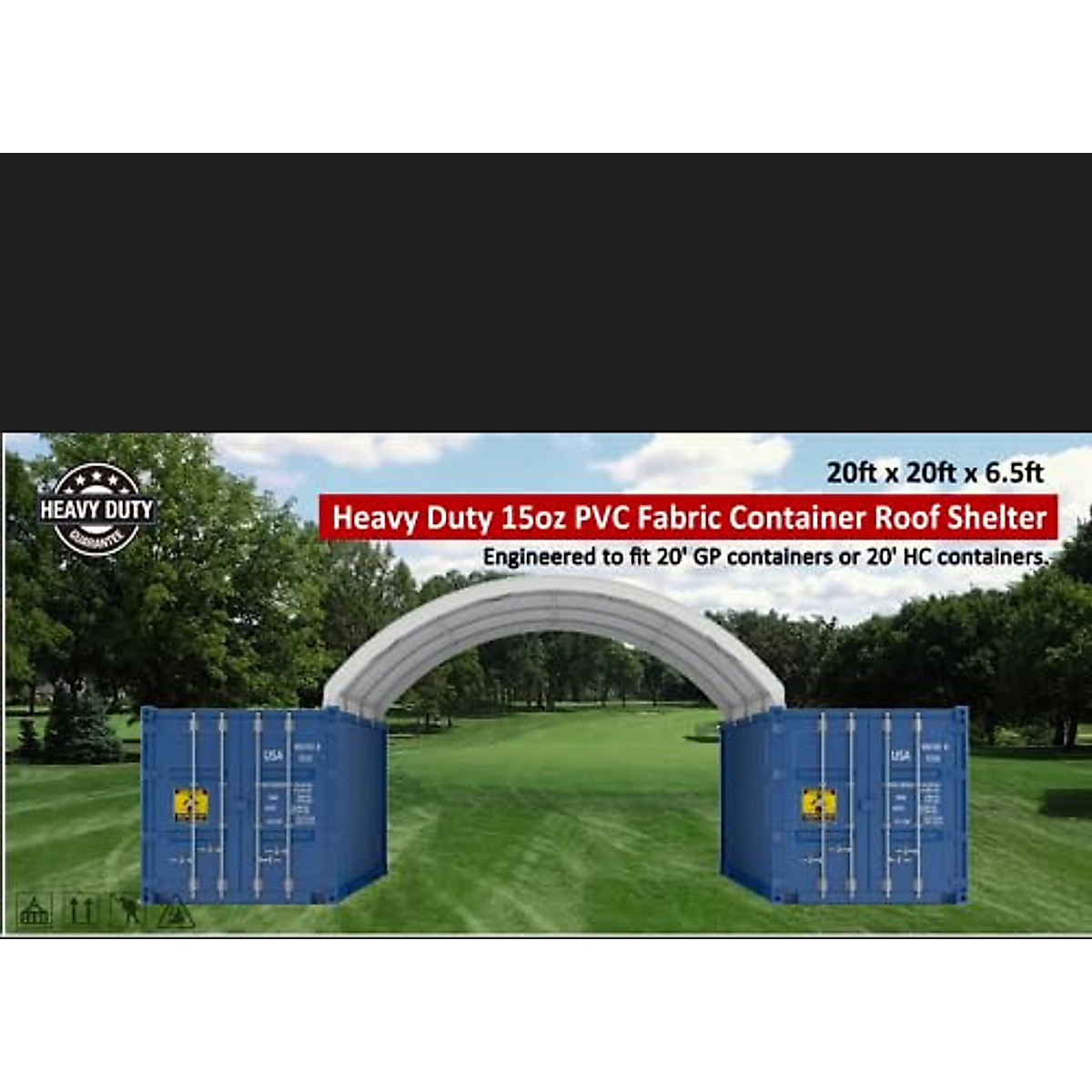 Generic Covermore 20'x20' Upgraded Shipping CONTAINER MOUNTED Canopy- 15 oz. PVC Fabric canvas roof shelter- UV resistant/Water resistant/snow resistant, White, c2020