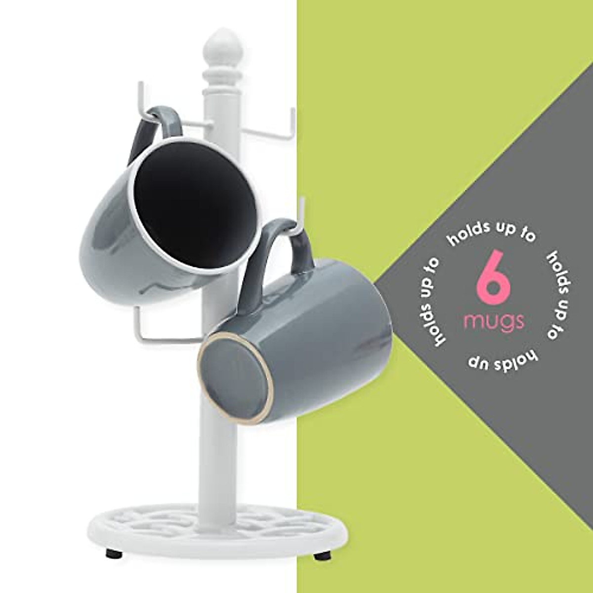 Home Basics Weave 6 Hook Cast Iron Mug Tree, White | Round Base | Rubber Feet | Strong Branches to Hold Mugs