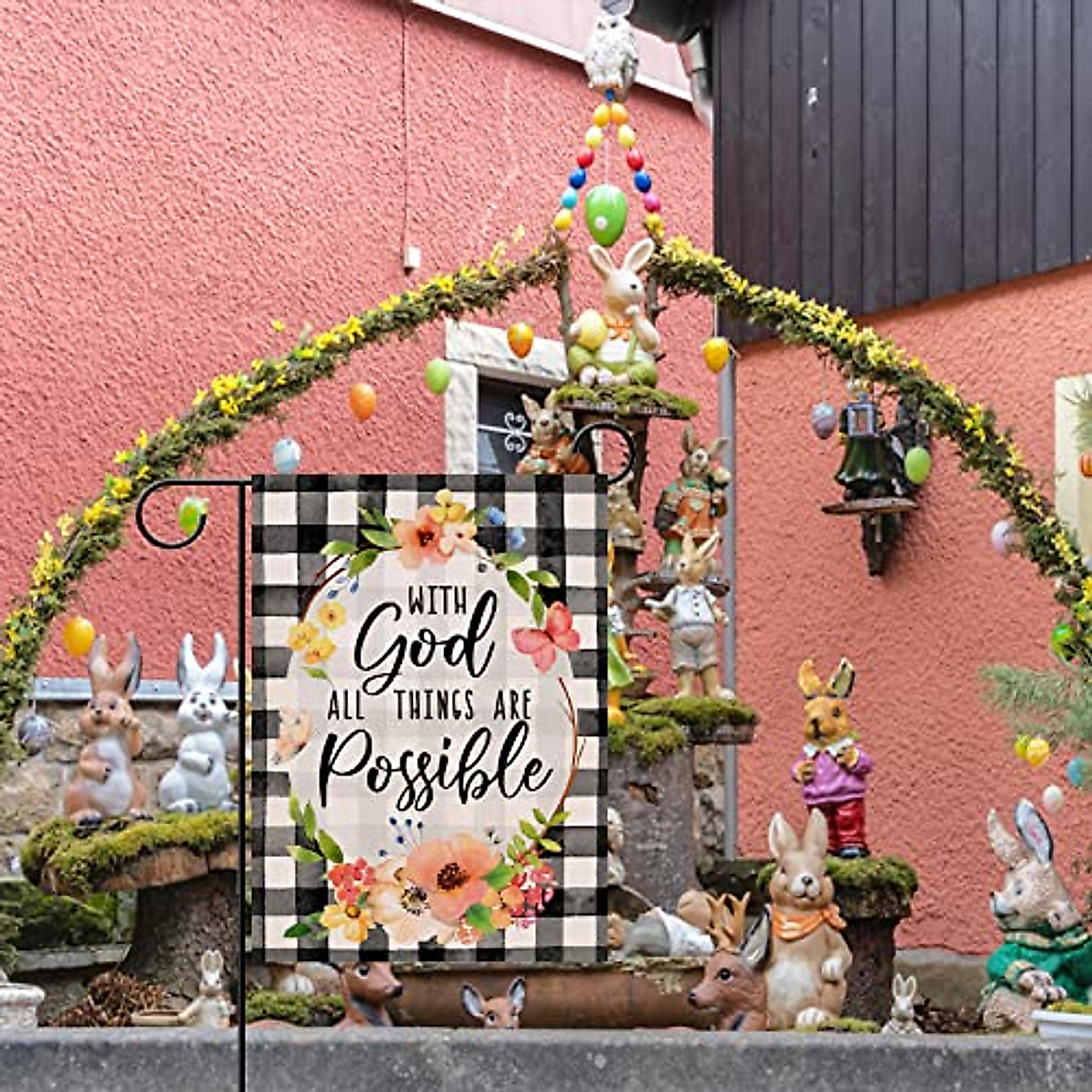 Furiaz With God All Things are Possible Easter Religious Small Decorative Garden Flag, Spring Inspirational Faith Yard Buffalo Plaid Check Outside Decoration, Summer Outdoor Decor 12x18