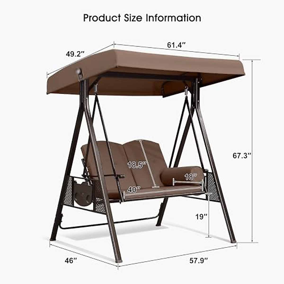 PURPLE LEAF 2-Seat Deluxe Outdoor Patio Porch Swing with Weather Resistant Steel Frame, Adjustable Tilt Canopy, Cushions and Pillow Included, Beige
