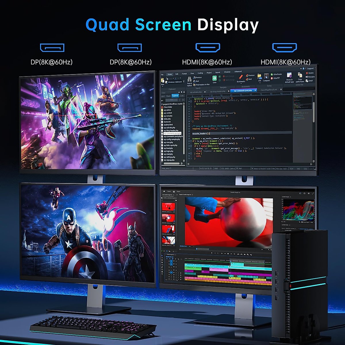 Mini PC Gaming, Desktop Computer i9-13900F 24 Cores Upto 5.6GHz, DDR5, 512G M.2 PCIE4.0 SSD, Windows 11 Pro, GeForce RTX4060Ti 8G, Four Display, 8K@60Hz Outputs, Dual LAN, WiFi6E/BT5.3