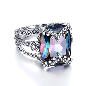 Merthus 12x16mm Cushion Cut Simulated Mystic Rainbow Topaz Black Oxidized Finished 925 Sterling Silver Bohemian Ring for Women Size 6