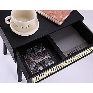 Rattan Nightstand, Small End Table with Storage (No Assembly Required), Black Side Tables Bedside Table Mid-Century Modern Style Coffee Table for Living Room Bedroom Balcony Office