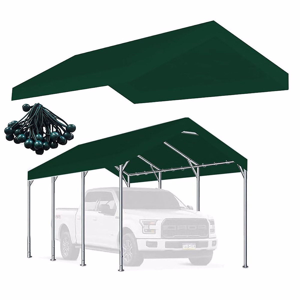 Rutile 10 x 20 FT Carport Replacement Cover, Heavy Duty Car Tarp Canopy Tent Replacement Top w/Ball Bungees Green (Only Top Cover, Frame is not Included)