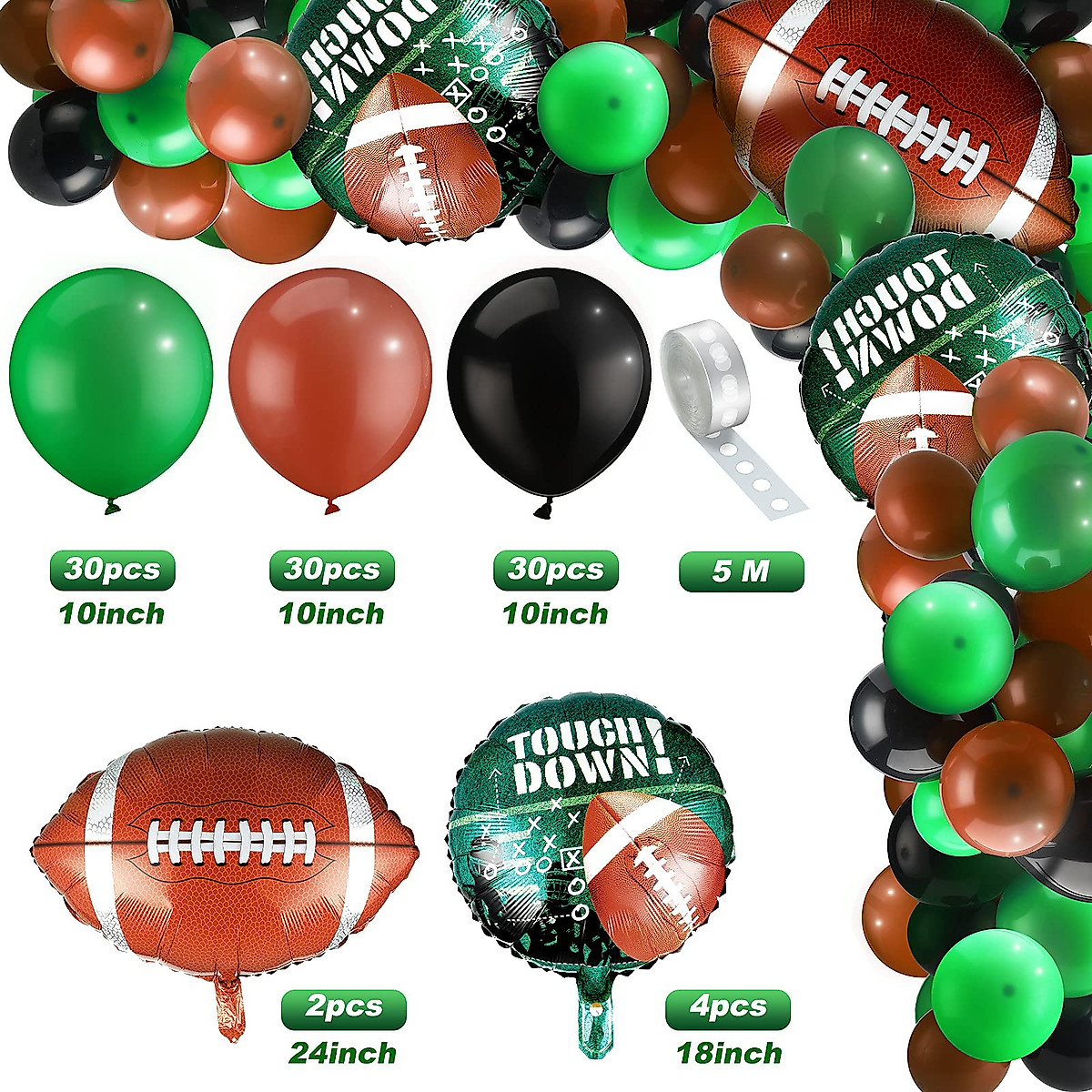 97 Pieces Football Balloons Set 6 Pieces Football Field Foil Balloons 90 Pieces Latex Balloons and Long Balloon Strip for Sport Themed Football Themed Birthday Party Decorations (Black, Green, Brown)