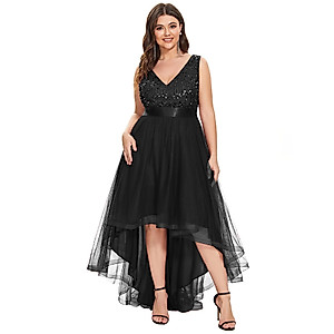 Ever-Pretty Womens Double V Neck A Line High Low Sequin Tulle Plus Size Formal Dresses for Curvy Women Black US20