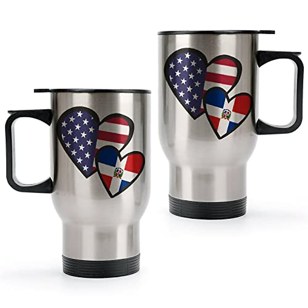 Interlocking Hearts USA Dominican Republic Flag 14 Oz Travel Coffee Mug Stainless Steel Vacuum Insulated Cup with Lid